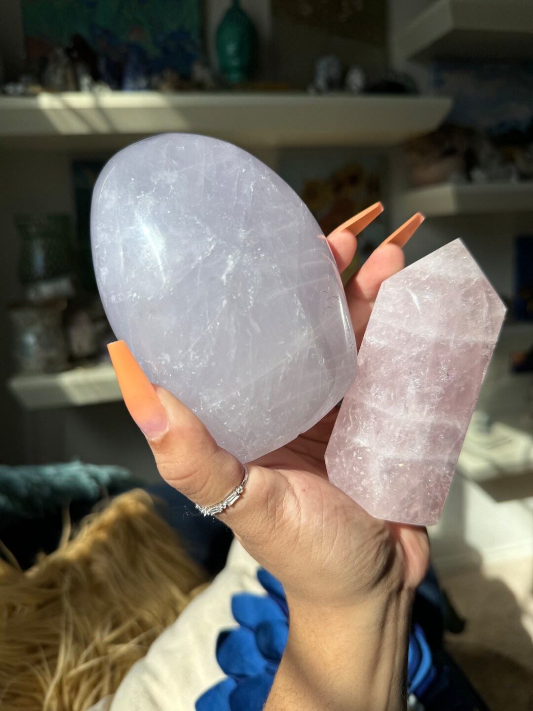 Gemmy Juicy Rose Quartz Tower & Periwinkle Blue Rose Quartz Free Form ...