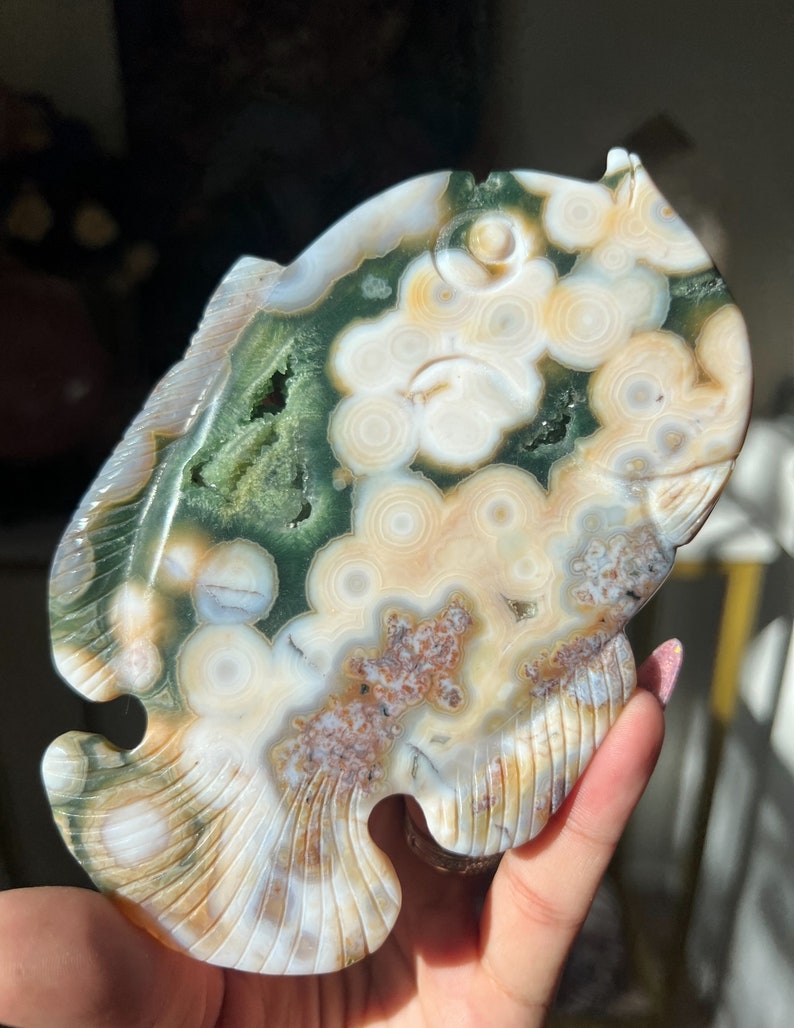 Adorable 8th Vein Orbicular Ocean Jasper Fish Carving With Green Druzy ...