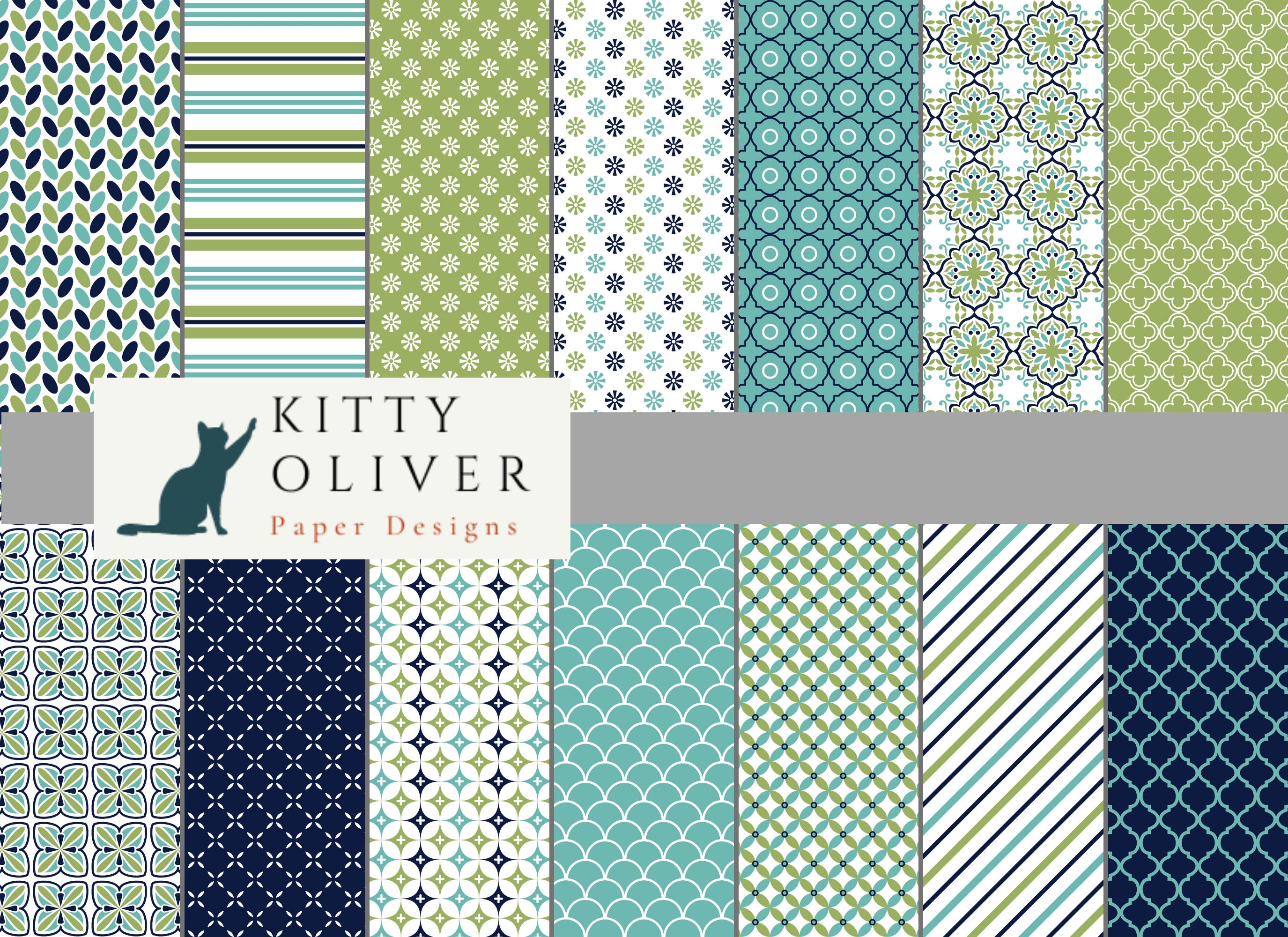 Navy Blue, Sage Green and Turquoise Digital Paper Pack | Printable ...