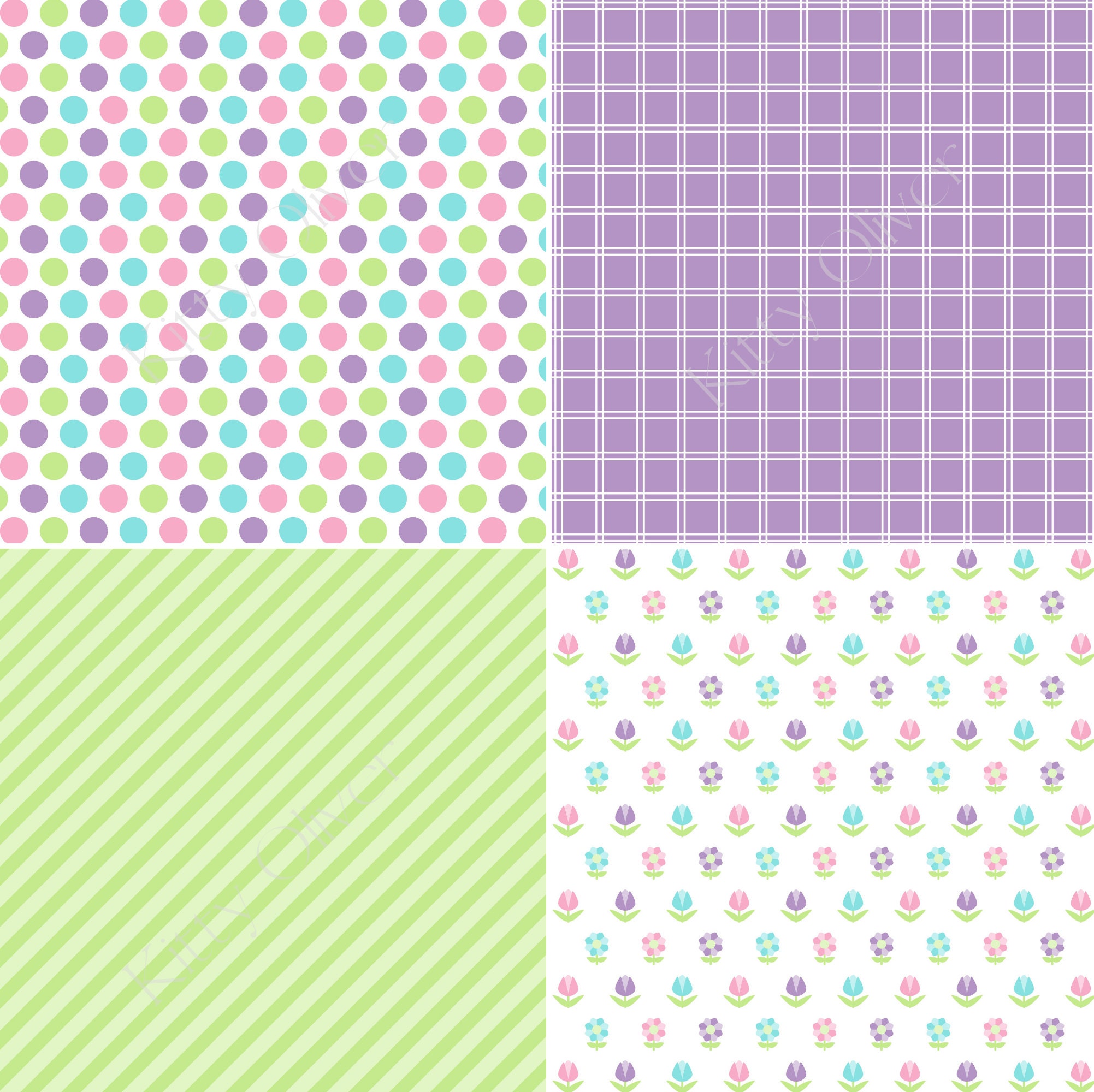 Spring Flowers Digital Paper Pack in Green, Blue, Purple, Pink ...