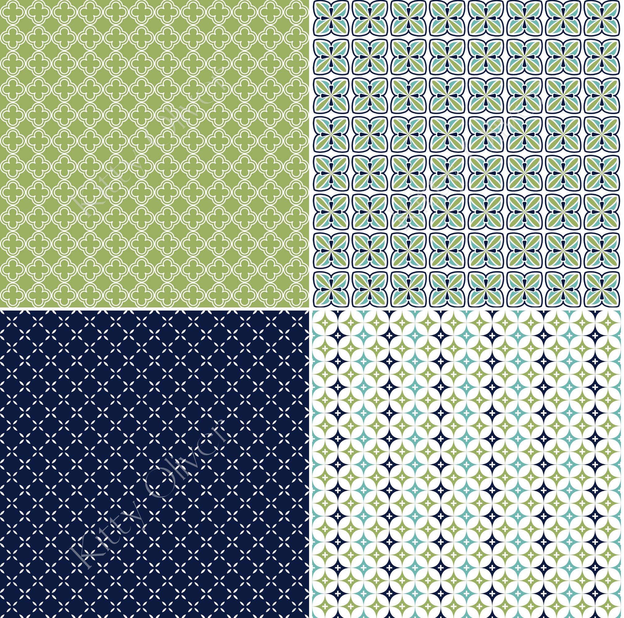 Navy Blue, Sage Green and Turquoise Digital Paper Pack | Printable ...