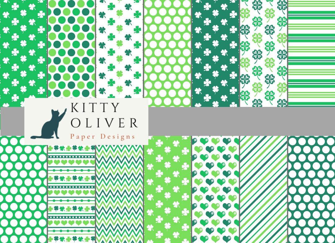 Green St. Patrick's Day Digital Paper Pack, Shamrocks & Hearts ...