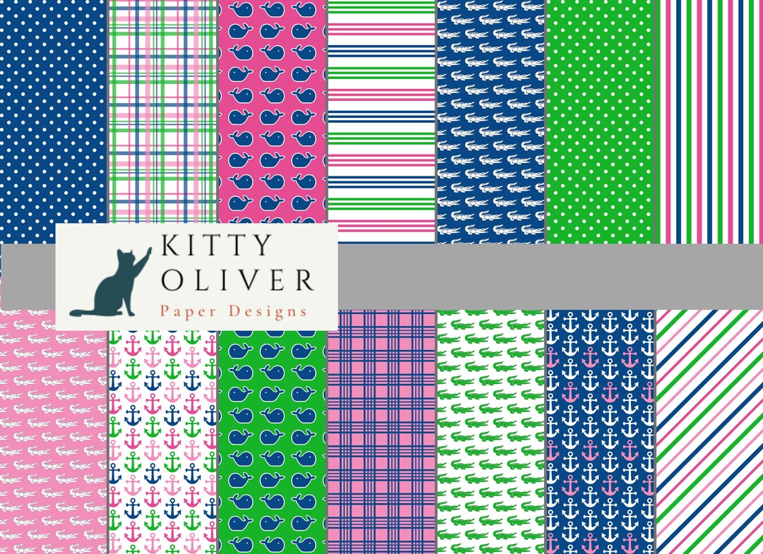 80s Style Preppy Paper Pack in Pink Green Navy | Printable Digital ...
