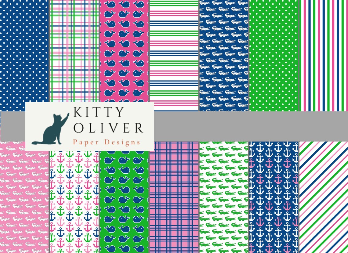 80s Style Preppy Paper Pack in Pink Green Navy | Printable Digital ...