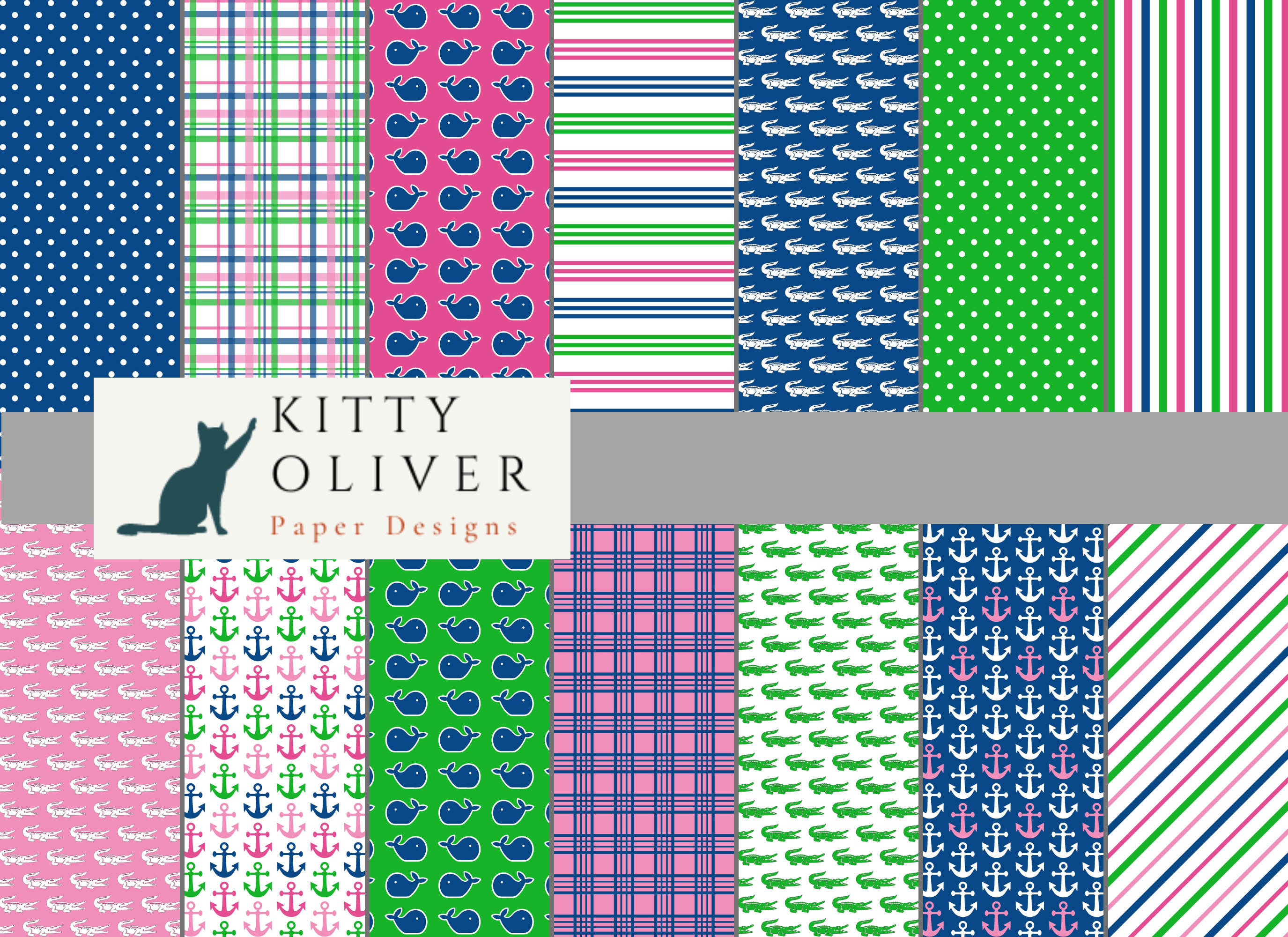 80s Style Preppy Paper Pack in Pink Green Navy | Printable Digital ...