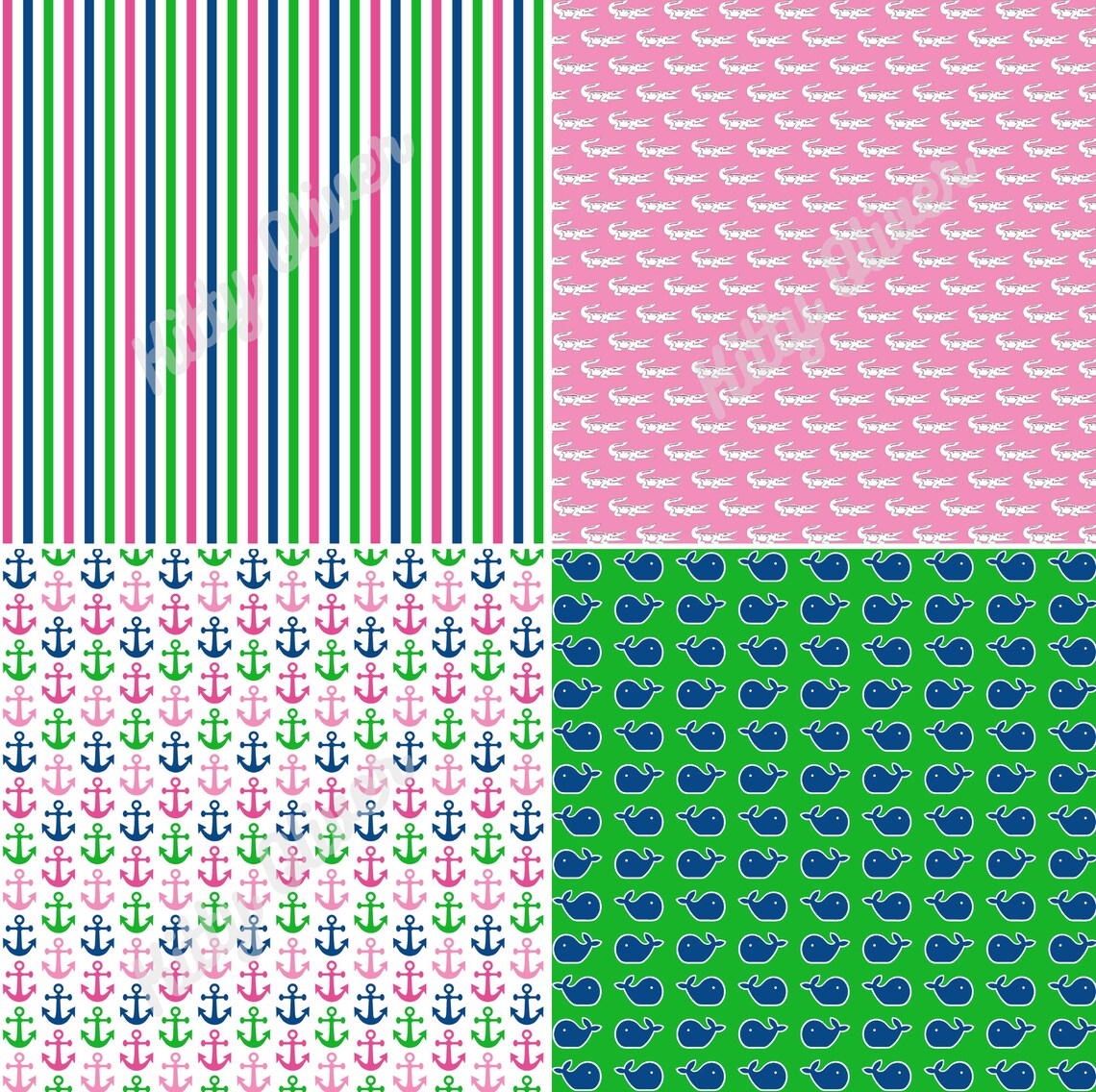 80s Style Preppy Paper Pack in Pink Green Navy | Printable Digital ...