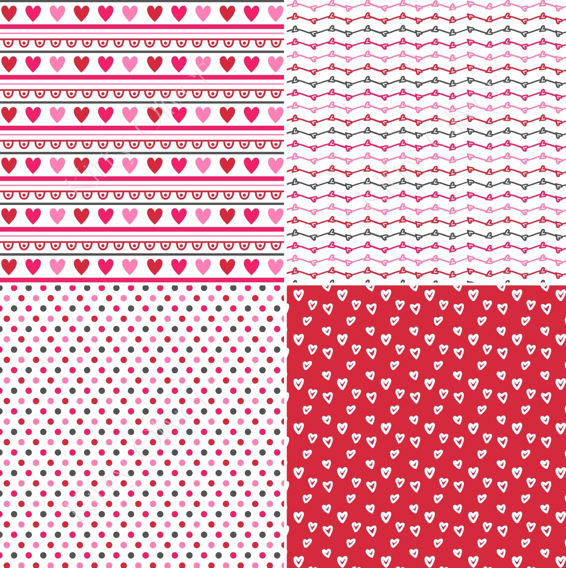 Red, Pink, Charcoal Gray Valentines Day Digital Paper Pack | Printable ...
