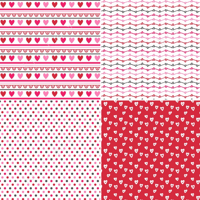 Red, Pink, Charcoal Gray Valentines Day Digital Paper Pack | Printable ...