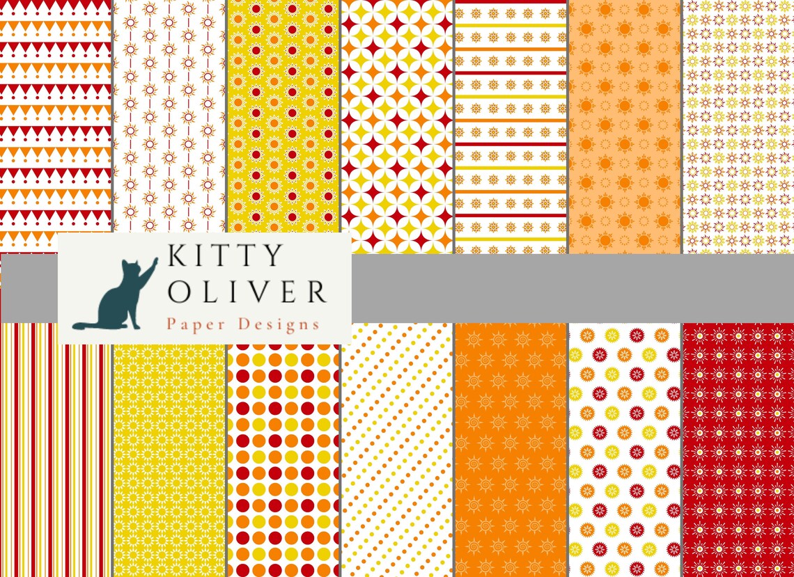Sun Patterns Paper Pack in Red, Orange, Yellow | Printable Digital ...