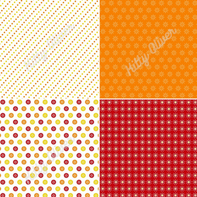 Sun Patterns Paper Pack in Red, Orange, Yellow | Printable Digital ...