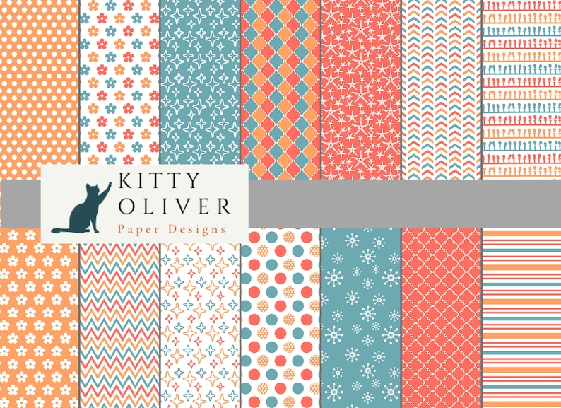 Fun Coral, Orange, Soft Teal Digital Paper Pack | Printable Digital ...