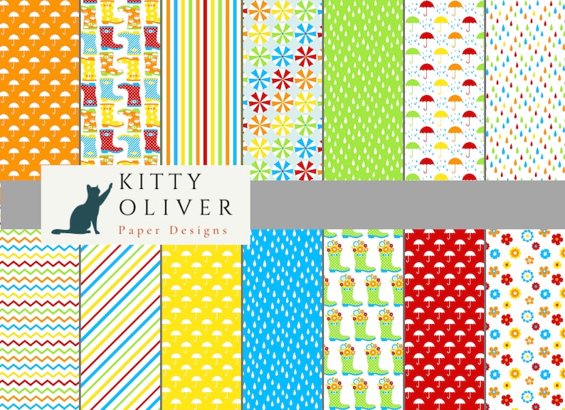 Rainy Day Digital Paper Pack W Umbrellas & Wellingtons | Printable ...