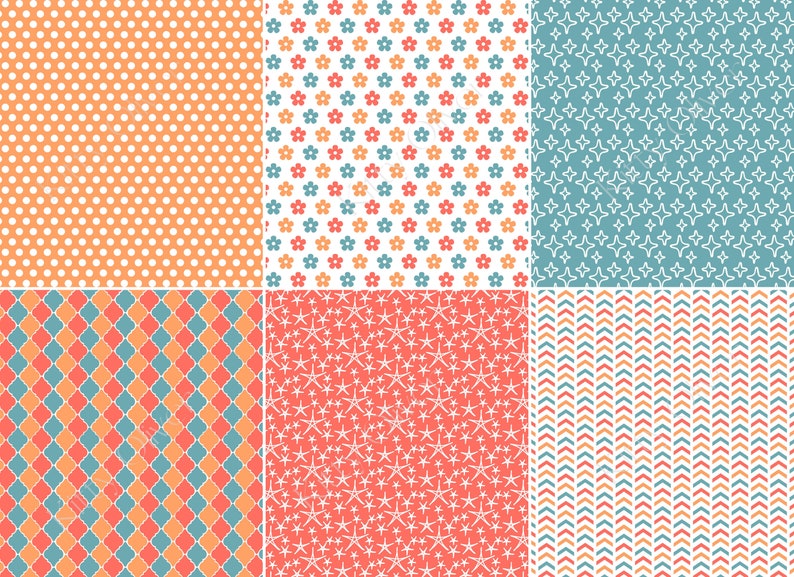 Fun Coral, Orange, Soft Teal Digital Paper Pack | Printable Digital ...