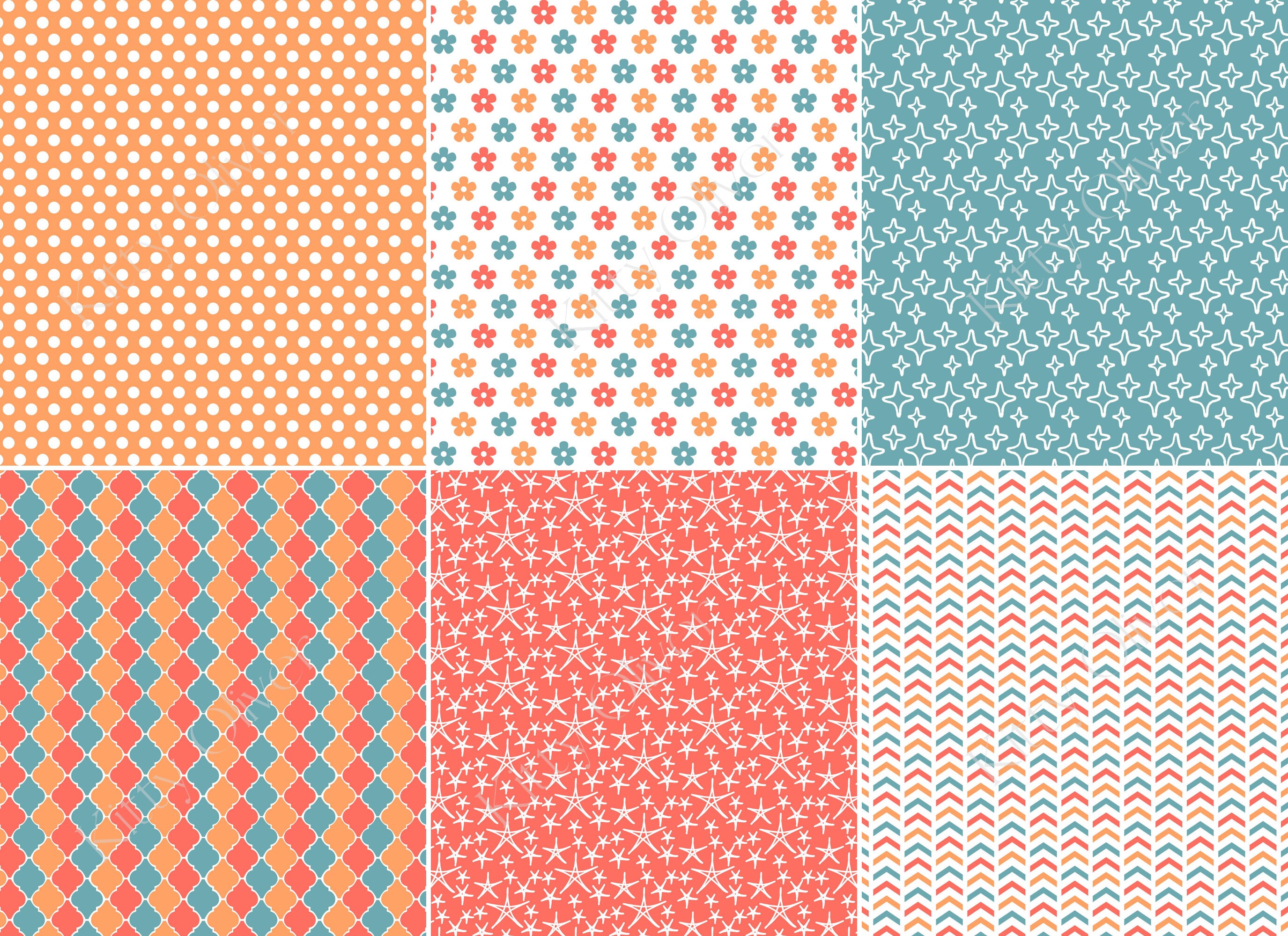 Fun Coral, Orange, Soft Teal Digital Paper Pack | Printable Digital ...