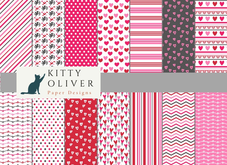 Red, Pink, Charcoal Gray Valentines Day Digital Paper Pack | Printable ...
