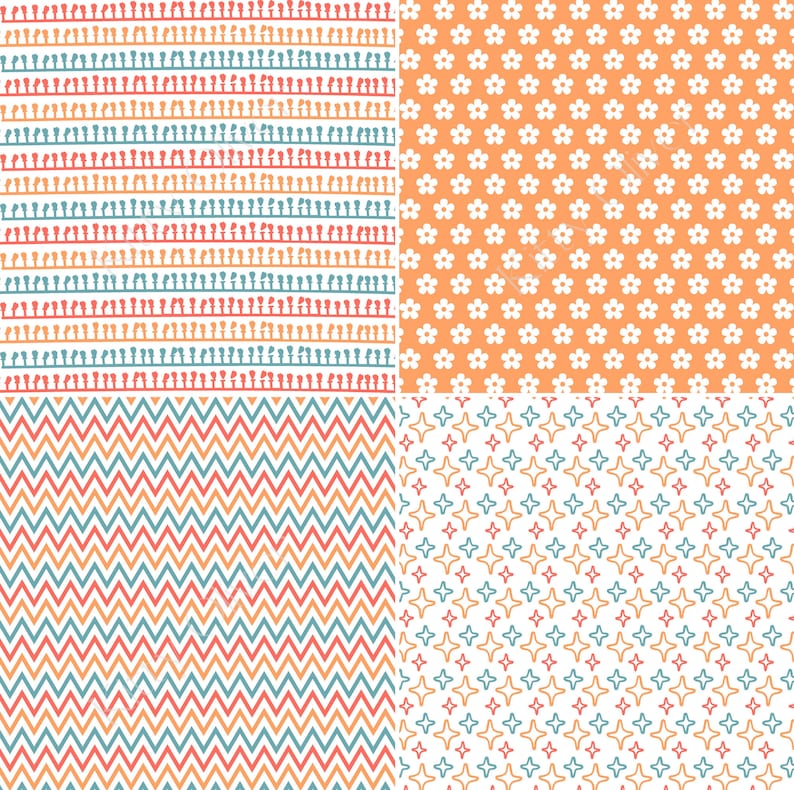 Fun Coral, Orange, Soft Teal Digital Paper Pack | Printable Digital ...