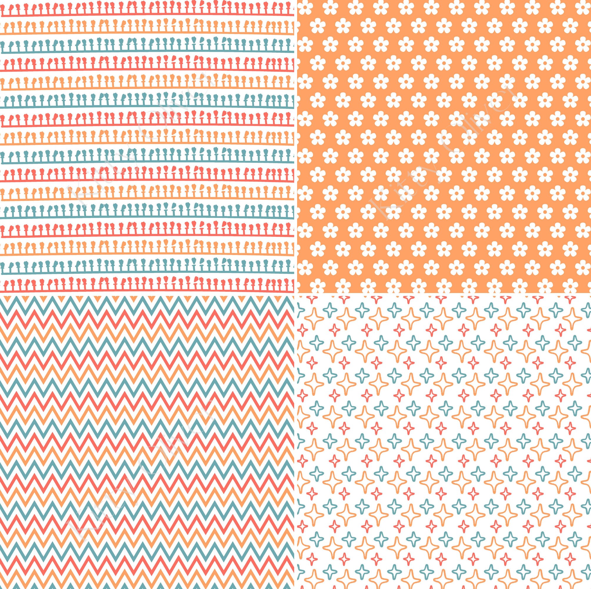 Fun Coral, Orange, Soft Teal Digital Paper Pack | Printable Digital ...