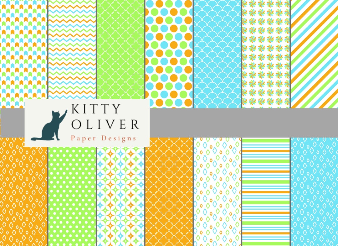 Bright Aqua, Green, and Orange Digital Paper Pack | Printable Digital ...
