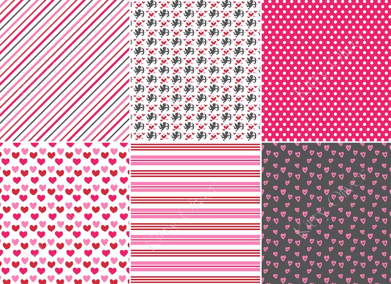 Red, Pink, Charcoal Gray Valentines Day Digital Paper Pack | Printable ...