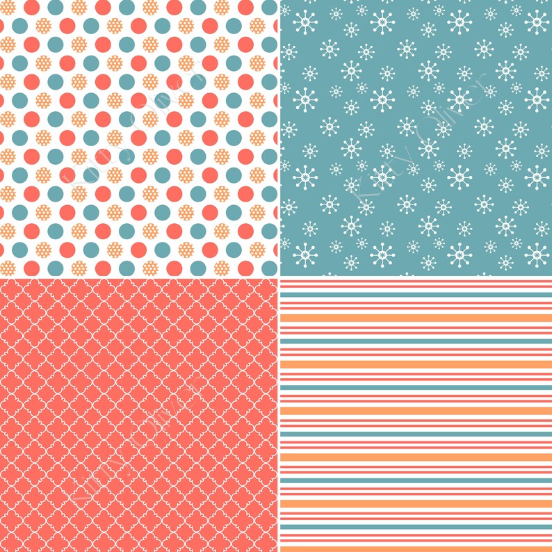 Fun Coral, Orange, Soft Teal Digital Paper Pack | Printable Digital ...