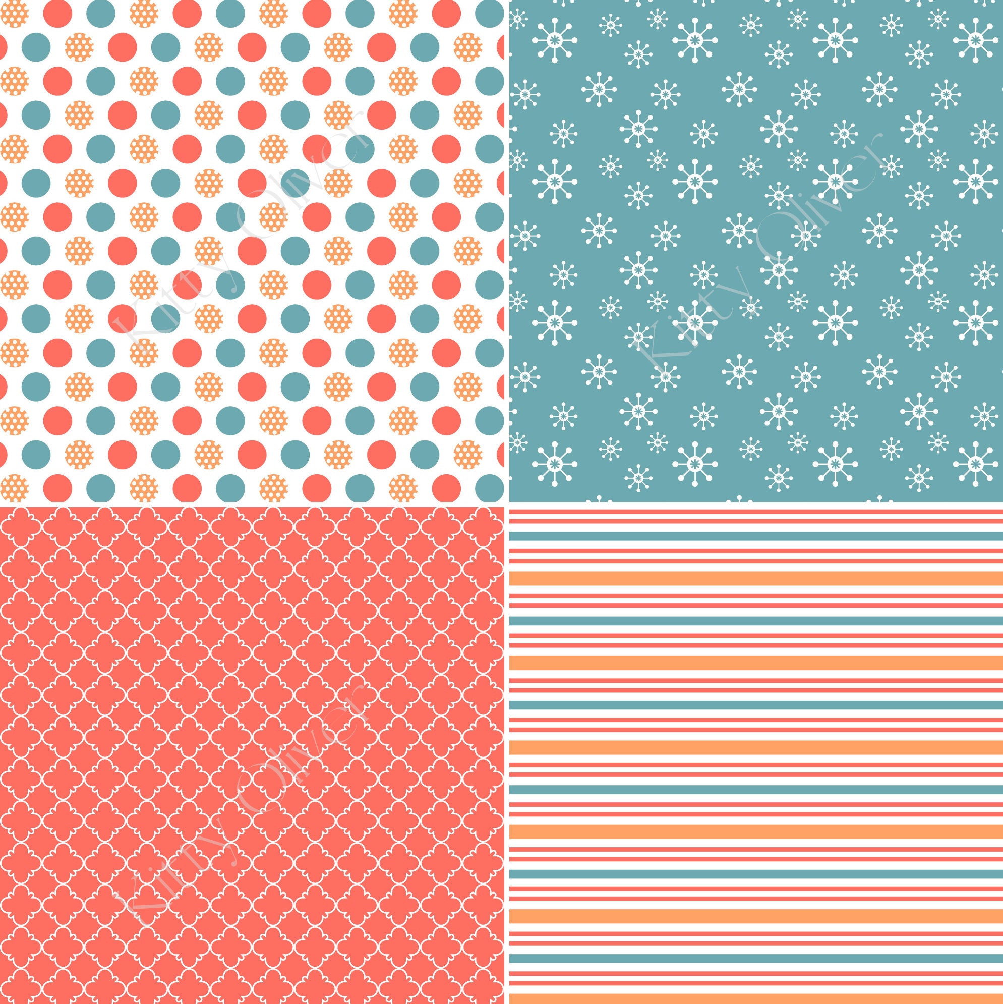 Fun Coral, Orange, Soft Teal Digital Paper Pack | Printable Digital ...