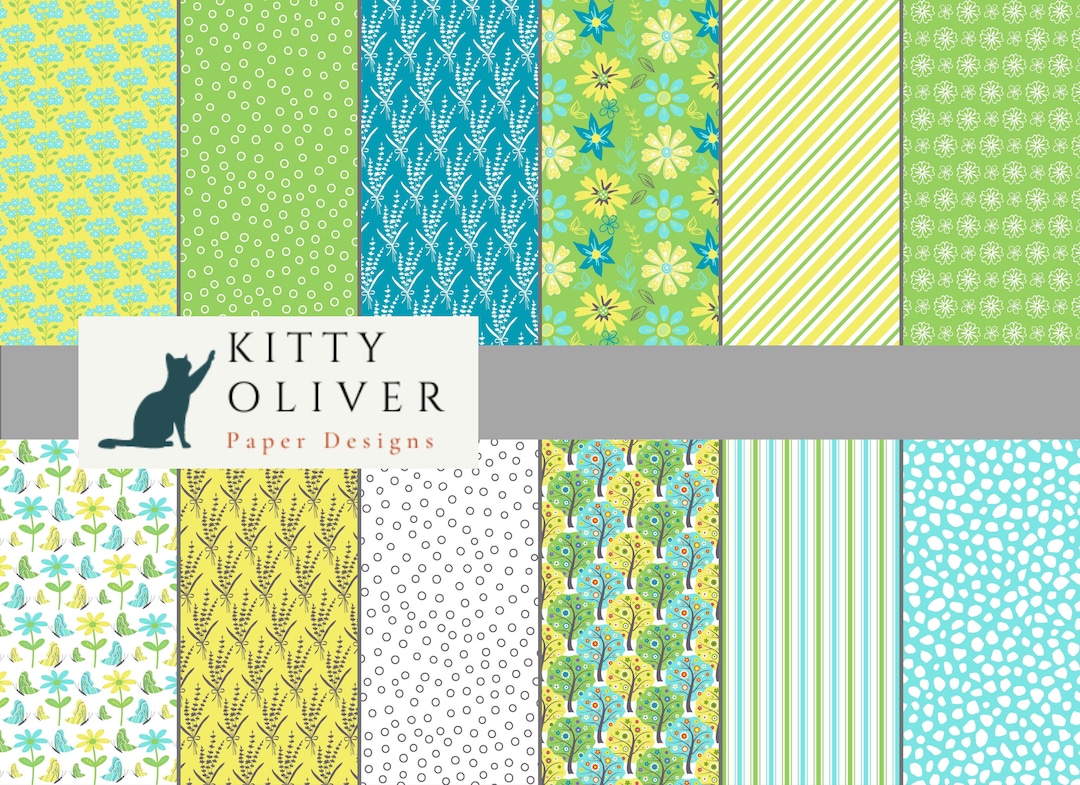 Spring Flowers Digital Paper Pack in Green, Yellow, Blue | Printable ...
