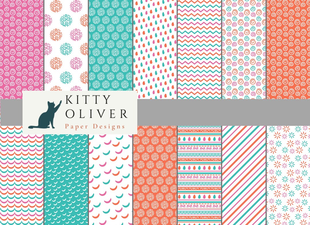 Orange, Turquoise, Pink Swirly Digital Paper Pack | Printable Digital ...