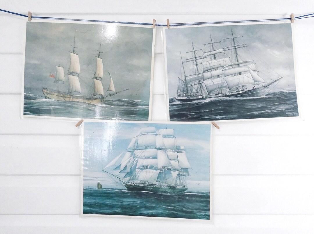 Vintage Set of 3 Tall Ships Laminated Prints 39cm X 51cm Sailing Boats ...
