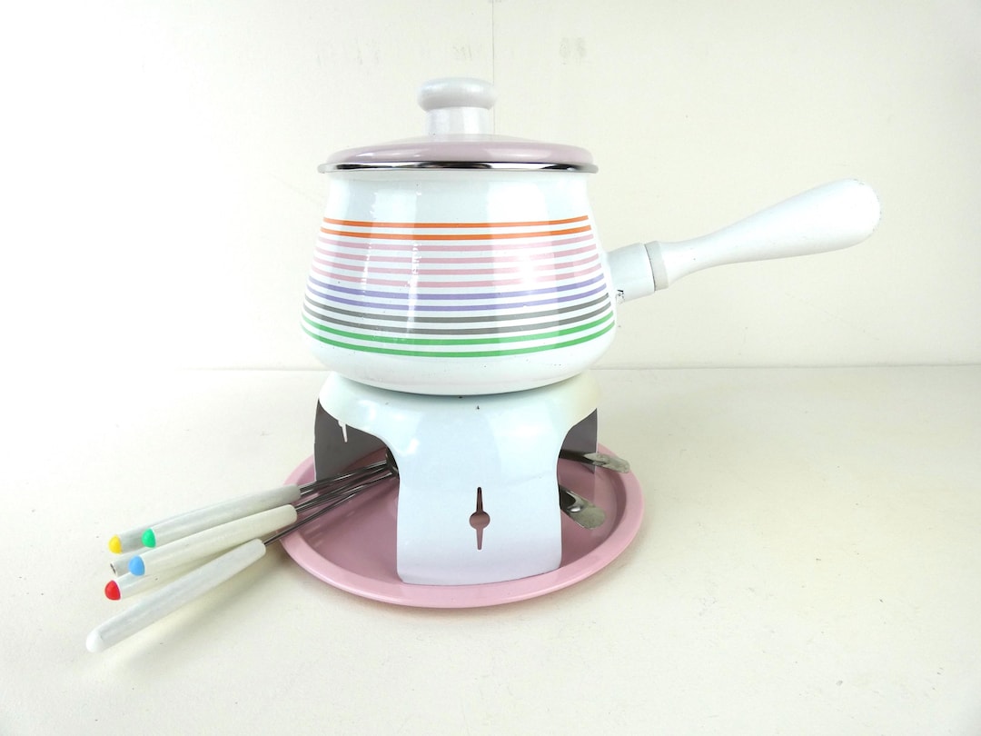 Vintage Fondue Set, Retro Enamel Cheese & Chocolate Fondue Pot With ...