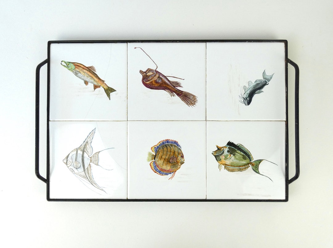 Vintage Painted Fish Tile & Black Metal Tray 46cm X 31cm - Etsy