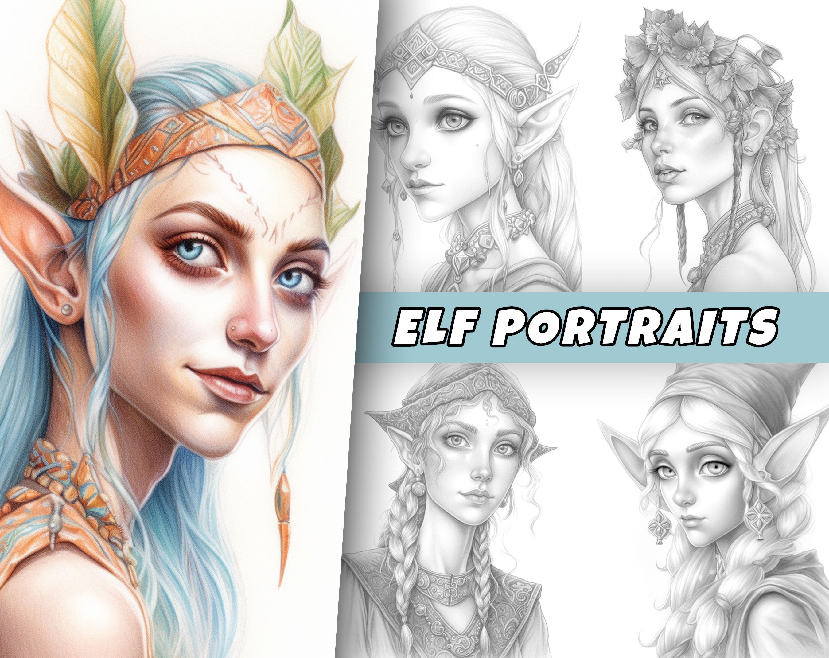 Elf Portraits, Adult Coloring Pages , Adults and Kids Coloring Book ...
