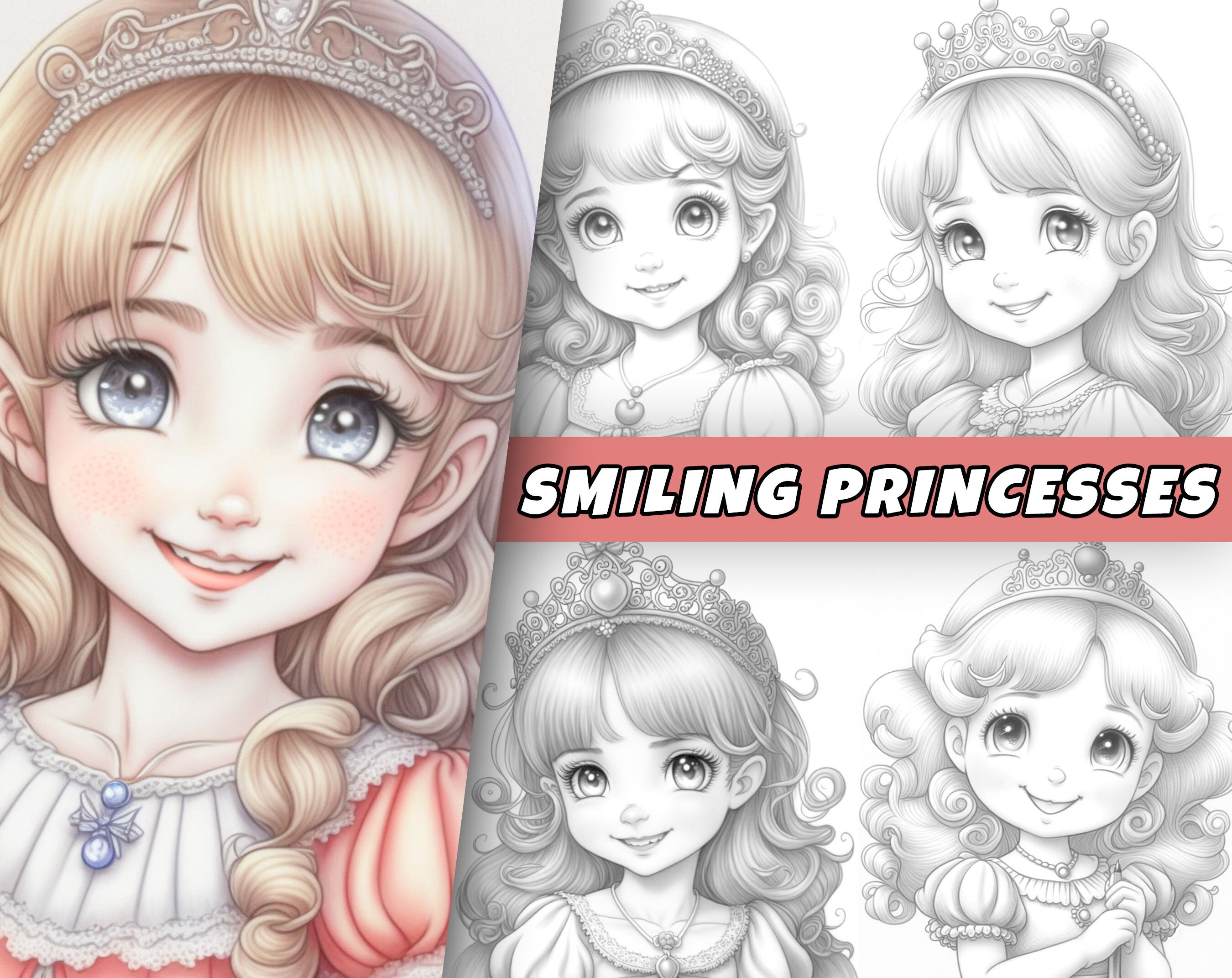 25 Smiling Princess Coloring Pages , Adults Kids Coloring Book Instant ...
