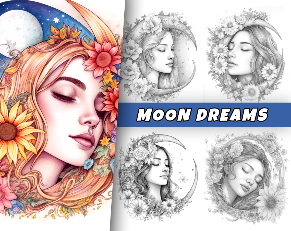 15 Moon Dream Women Coloring Pages , Adults Kids Women Coloring Book ...