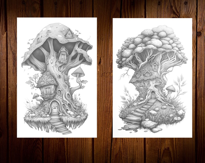 20 Coloring Pages Mushroom Fairy House Fantasy Coloring Book, Adults ...