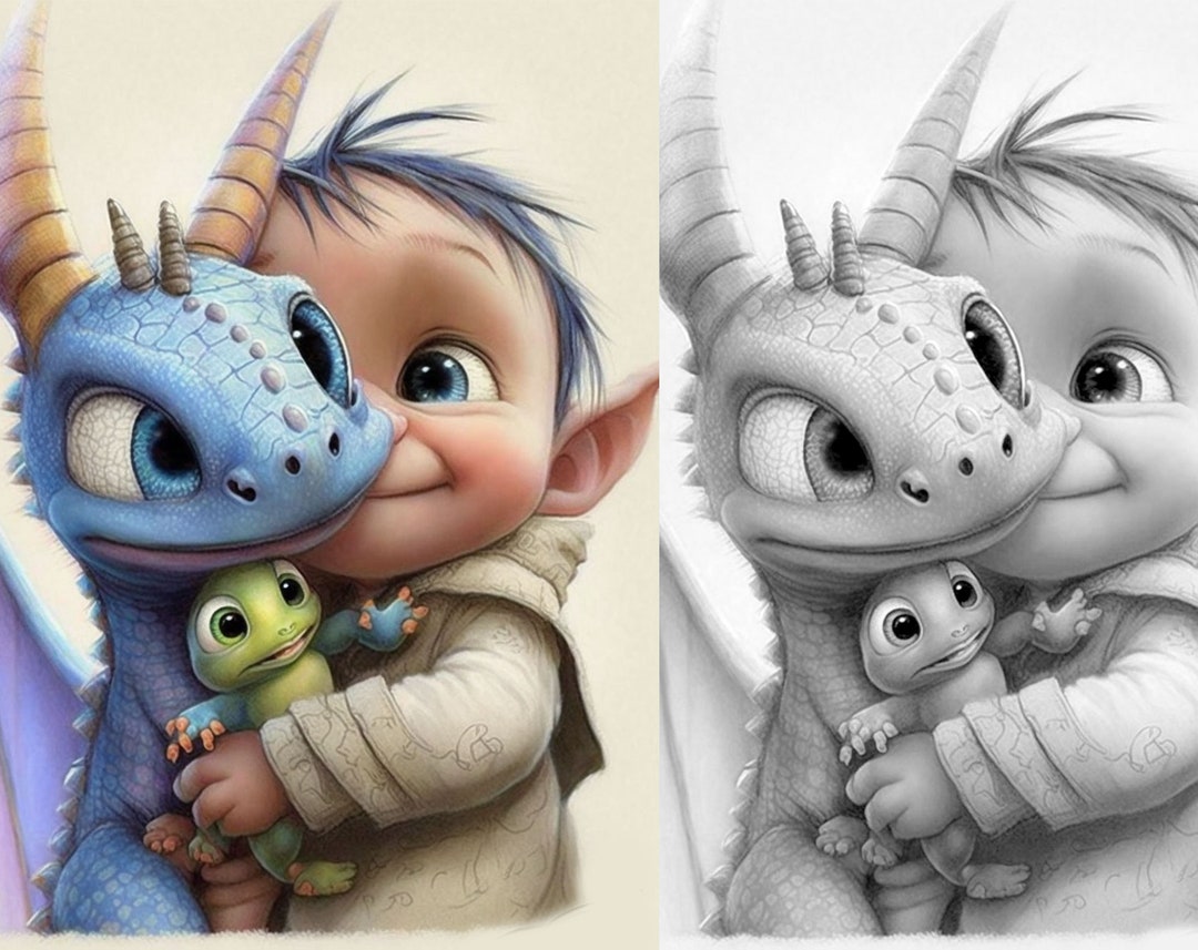 Grayscale Beautiful Little Girl With a Dragon Coloring Page,printable ...