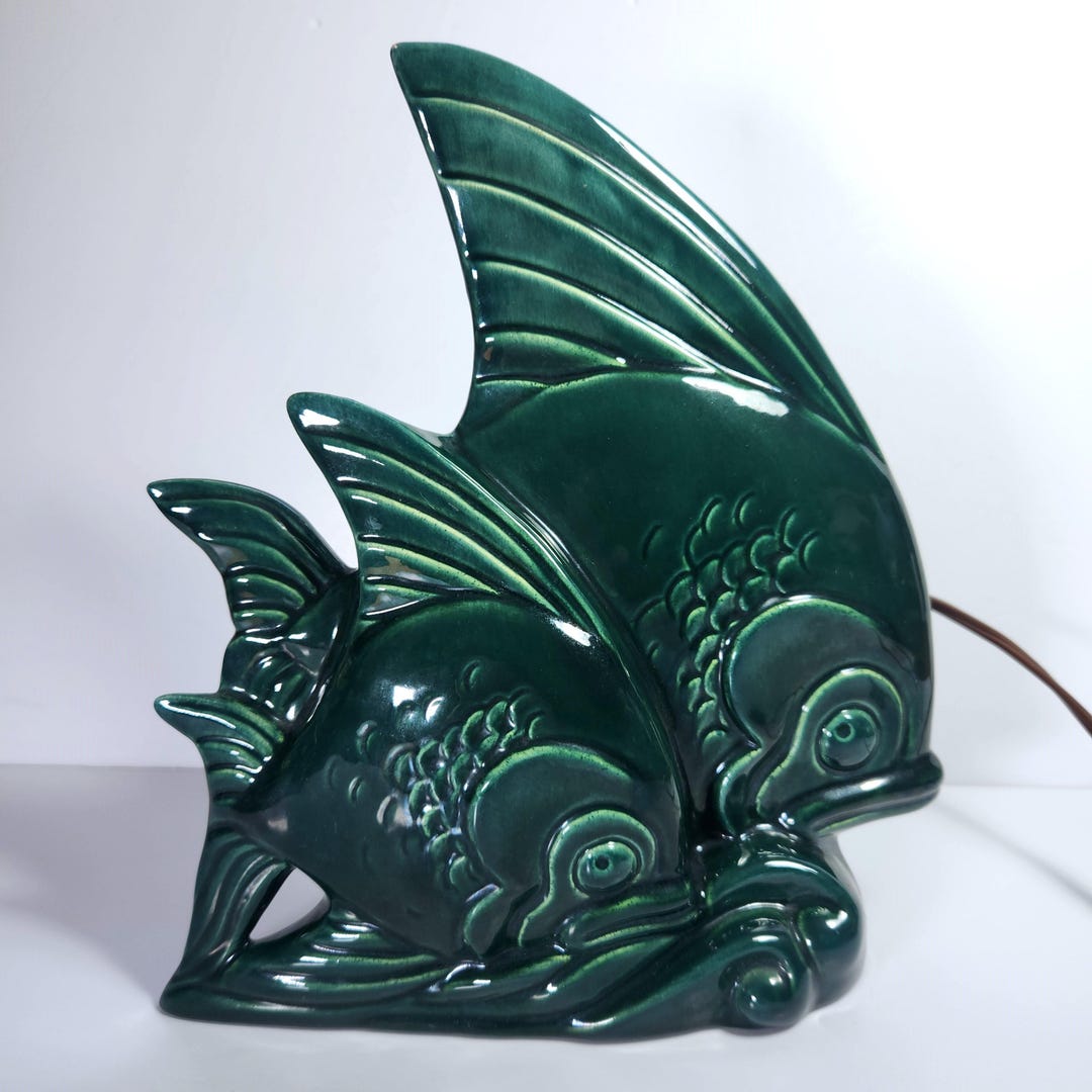 Mid Century Fish TV Lamp Planter Forest Green Retro Vintage 9 Wide X 10 ...
