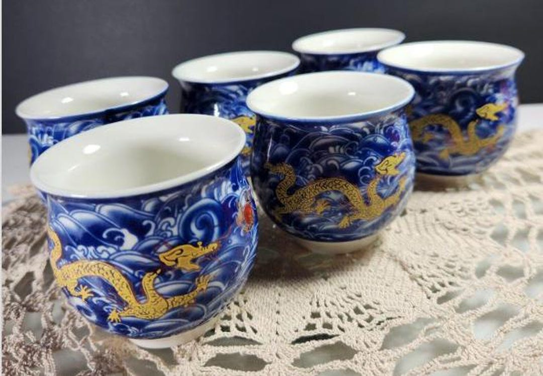 Chinese Dragon Porcelain Teacups Set of 6 Double Wall Mugs Jingzhen ...