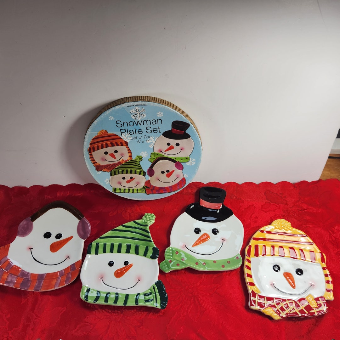 Vintage Set of 4 Snowman Plates Christmas Boston Warehouse snow Much ...