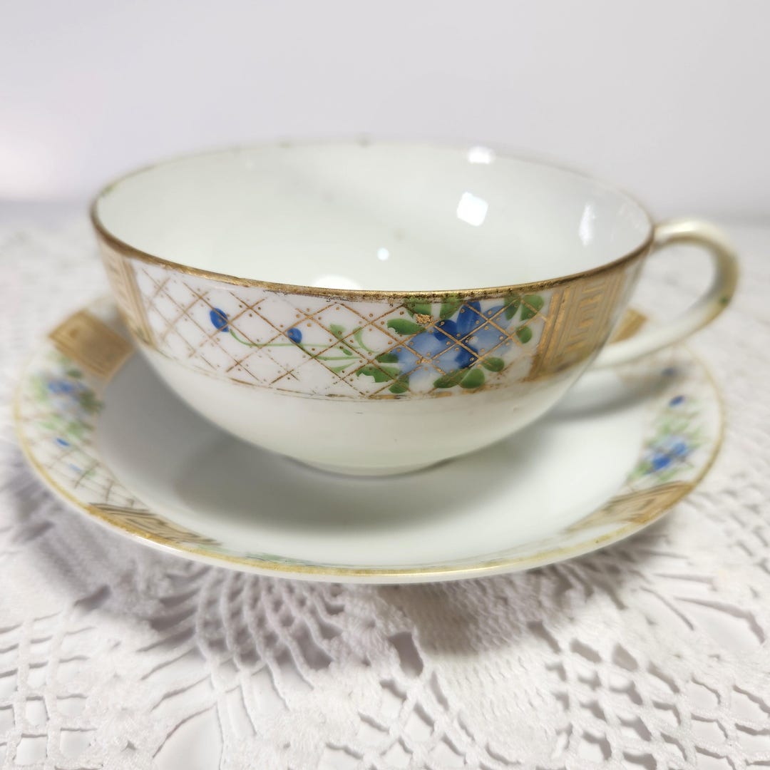 Nippon Tea Cup and Saucer Set Vintage Hand Painted Blue Flowers Gold ...