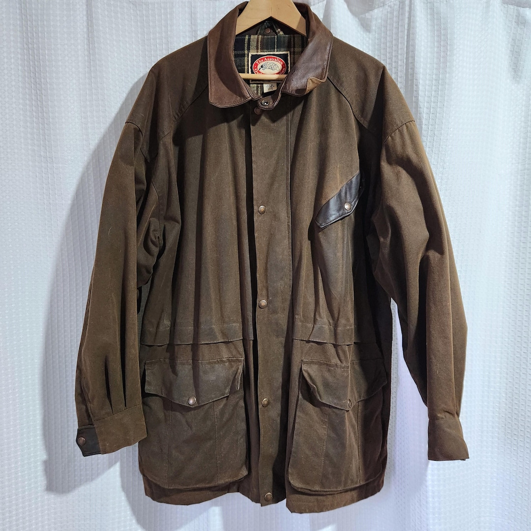 Australian Outback Waxed Oilskin Jacket Men's Large Lined Leather Trim ...
