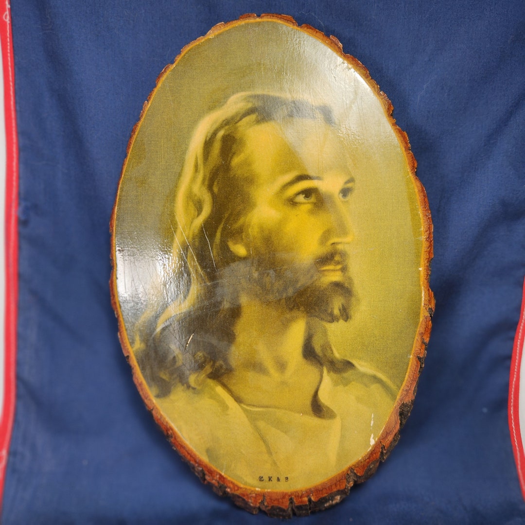 Vintage Jesus Print on Live Edge Wood Slice Religious Wall Art Rustic ...