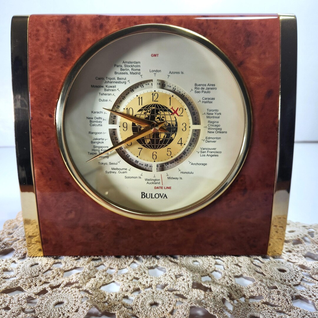 Bulova World Time Desk Clock Airplane Second Hand Brass and Simulated ...