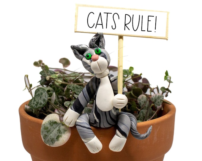 Cat Pot Sitter / Gray Tabby Cat / Flower Pot Sitter / Cat Pot Hugger ...