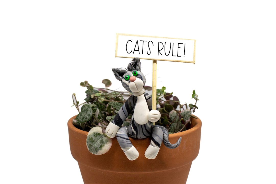 Cat Pot Sitter / Gray Tabby Cat / Flower Pot Sitter / Cat Pot Hugger ...
