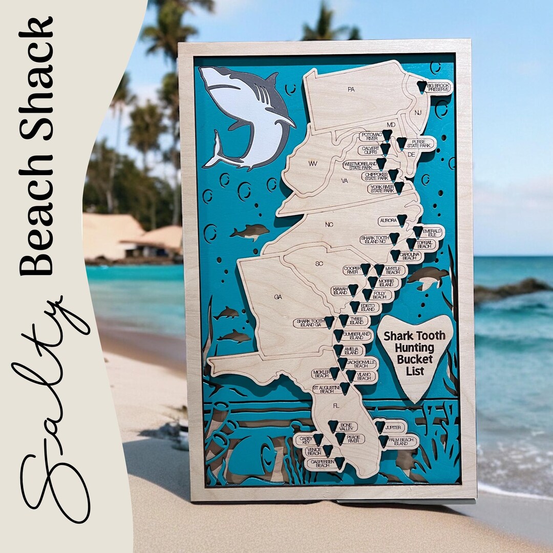 Emerald Seas Shark Teeth Hunting Bucket List 3D Map. Wall Hanging, Wall ...
