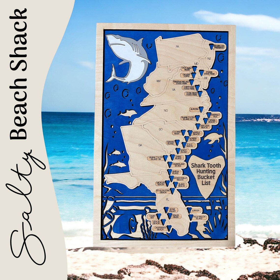 Shark Teeth Hunting Bucket List 3D Map. Shark Tooth Wall Hanging. Shark ...
