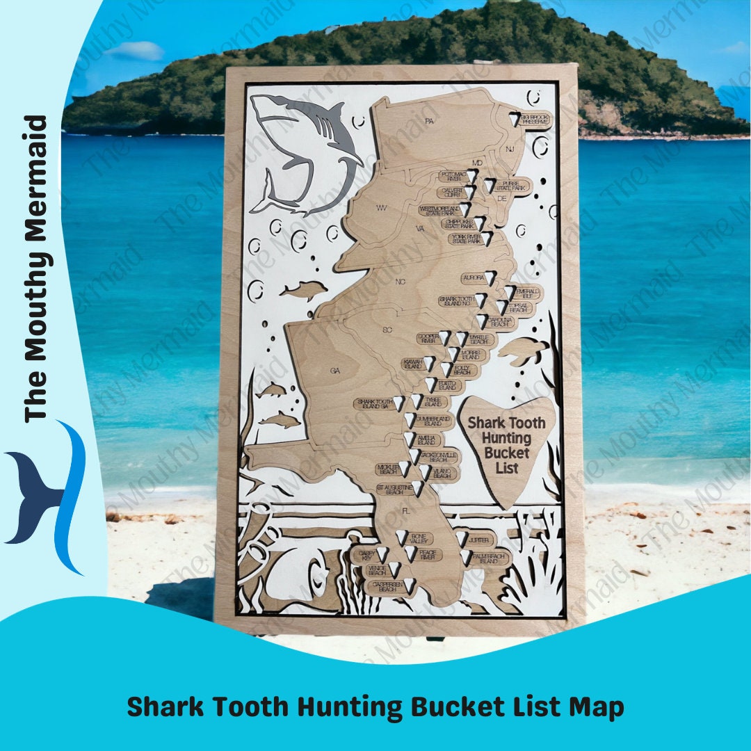 Weathered White Shark Teeth Hunting Bucket List 3D Map. Wall Hanging ...