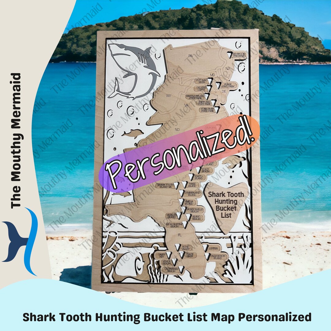 PERSONALIZED Shark Tooth Hunting Bucket List 3D Map. Wall Hanging, Wall ...
