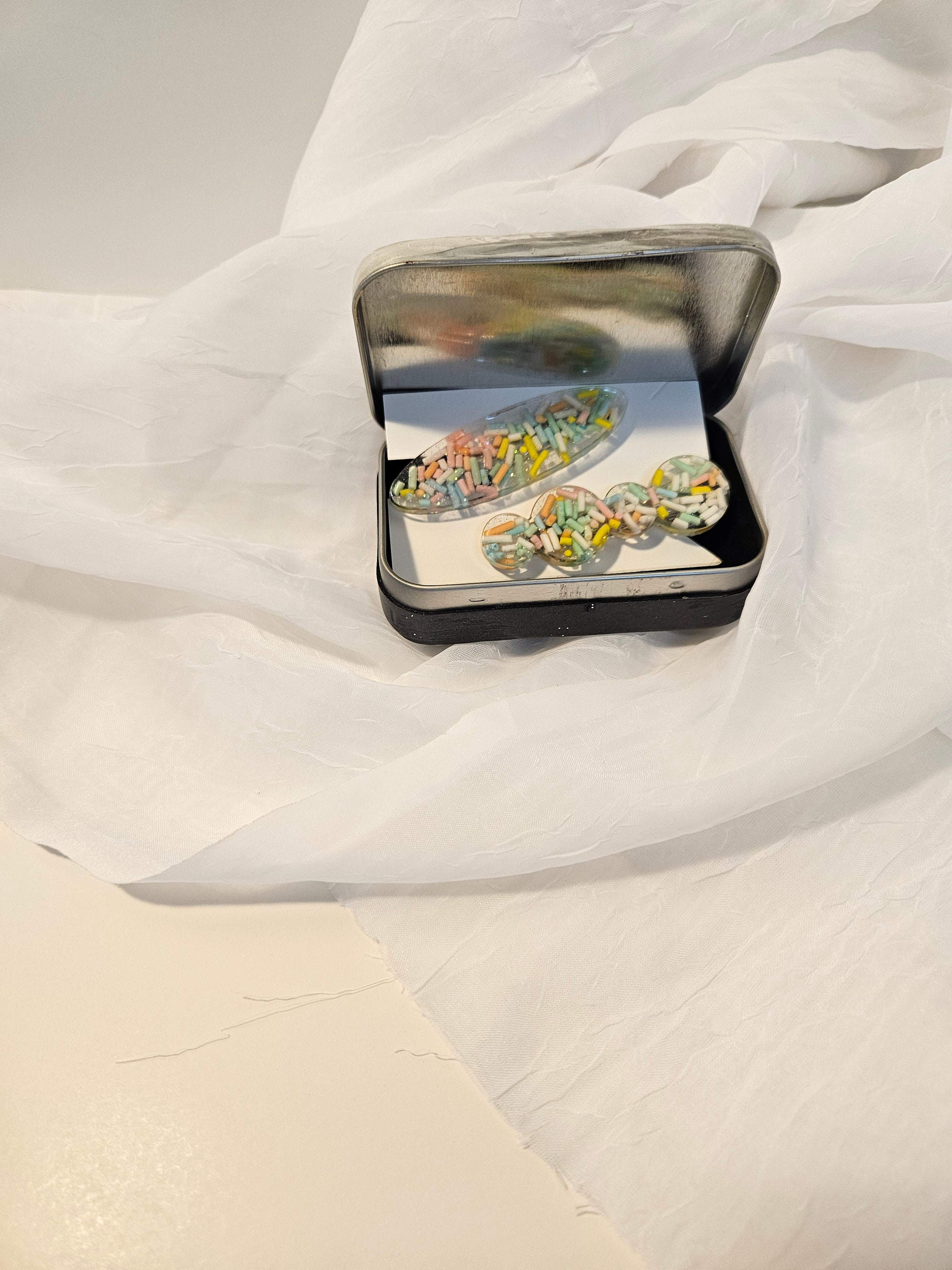 Two Candy Barrettes Inside a Hinged Tin Covered in Polymer Clay and ...
