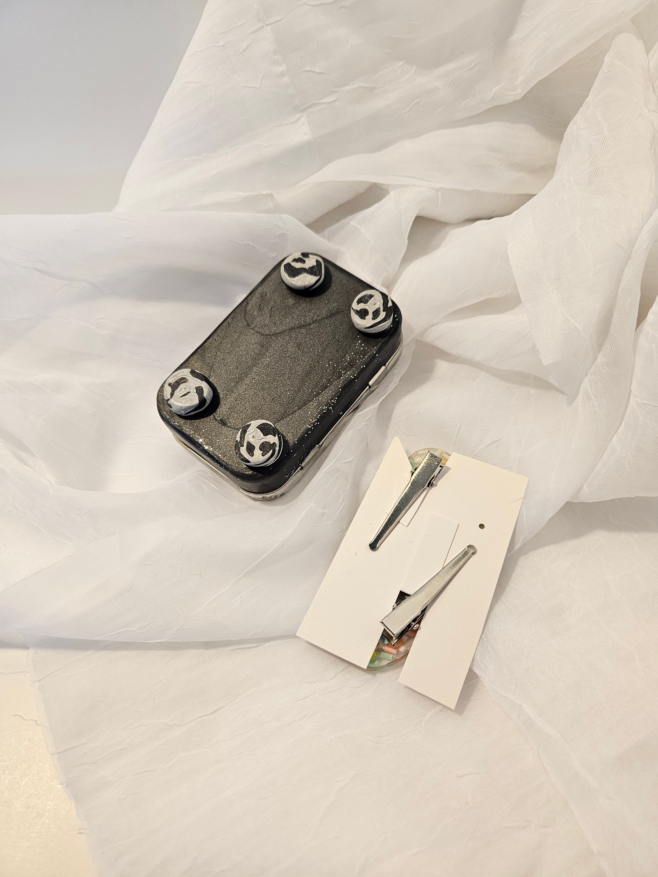 Two Candy Barrettes Inside a Hinged Tin Covered in Polymer Clay and ...